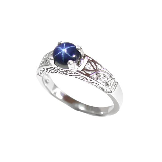 Genuine Blue Star Sapphire Ring 925 Sterling Silver / Round-Cut ...